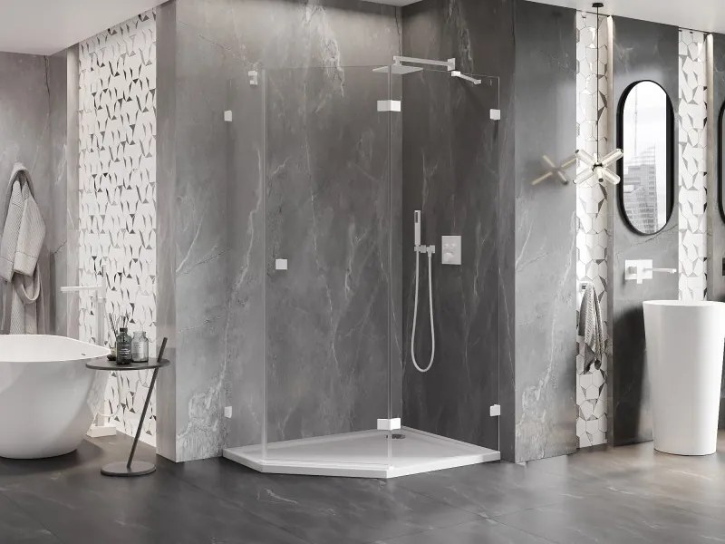 Mexen Lunar, pravý výklopný pětiúhelníkový sprchový kout 90 x 80 cm, 8mm čiré sklo, bílý profil, 831-090P-080L-20-00-P