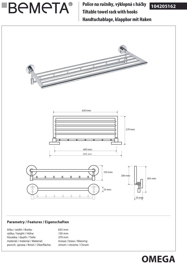 Bemeta Design OMEGA: Držák ručníků, 600 mm, výklopný, s háčky -