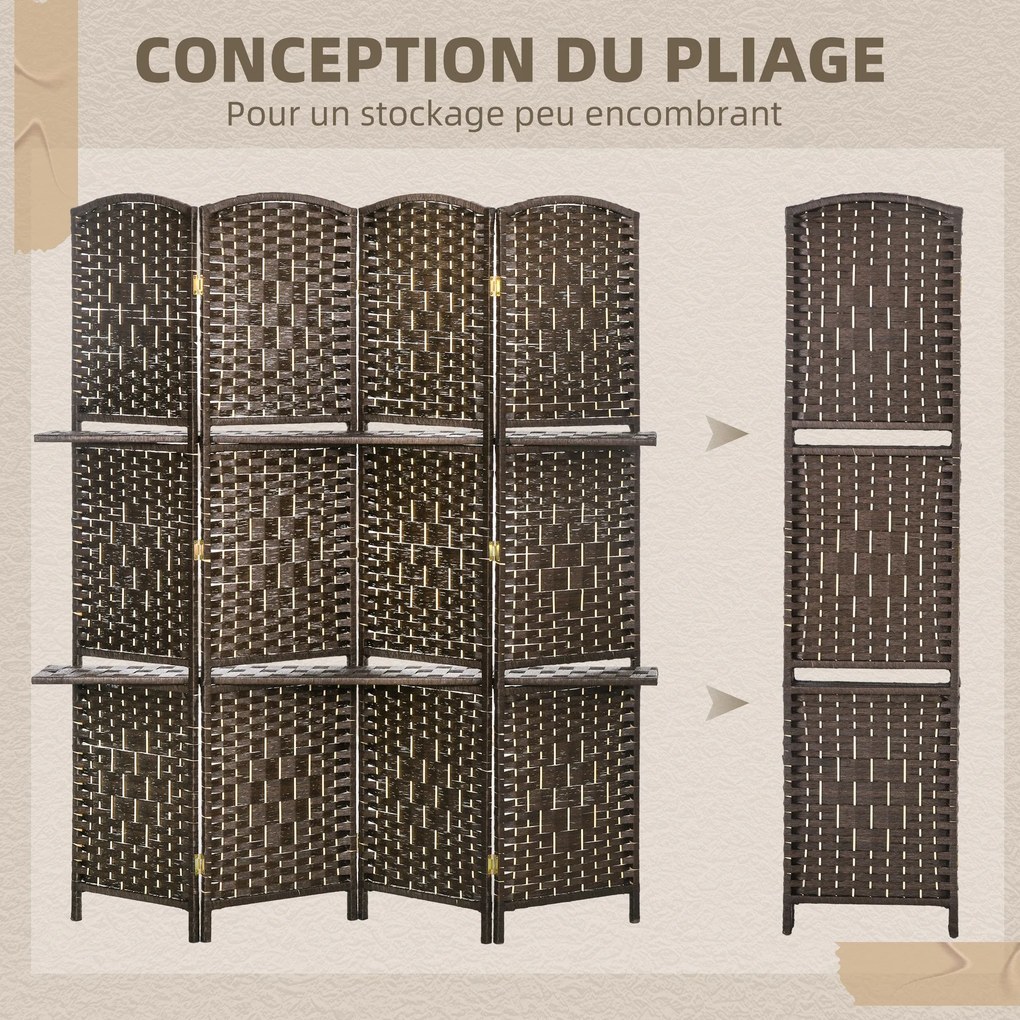 HOMCOM Paravan 4 Panely 160 x 170 cm s 2 Policemi, Skládací, Borovicové Dřevo pro Kancelář, Obývací Pokoj, Ložnici, Hnědý | Aosom