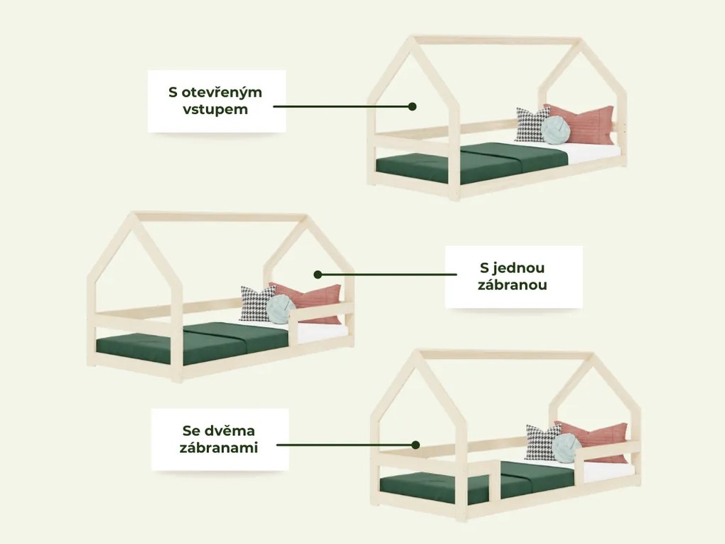 Benlemi Nízká postel domeček SAFE 8v1 ze dřeva se zábranou Zvolte barvu: Béžová, Zvolte rozměr: 90x160 cm, Zvolte zábranu: Se dvěma zábranami