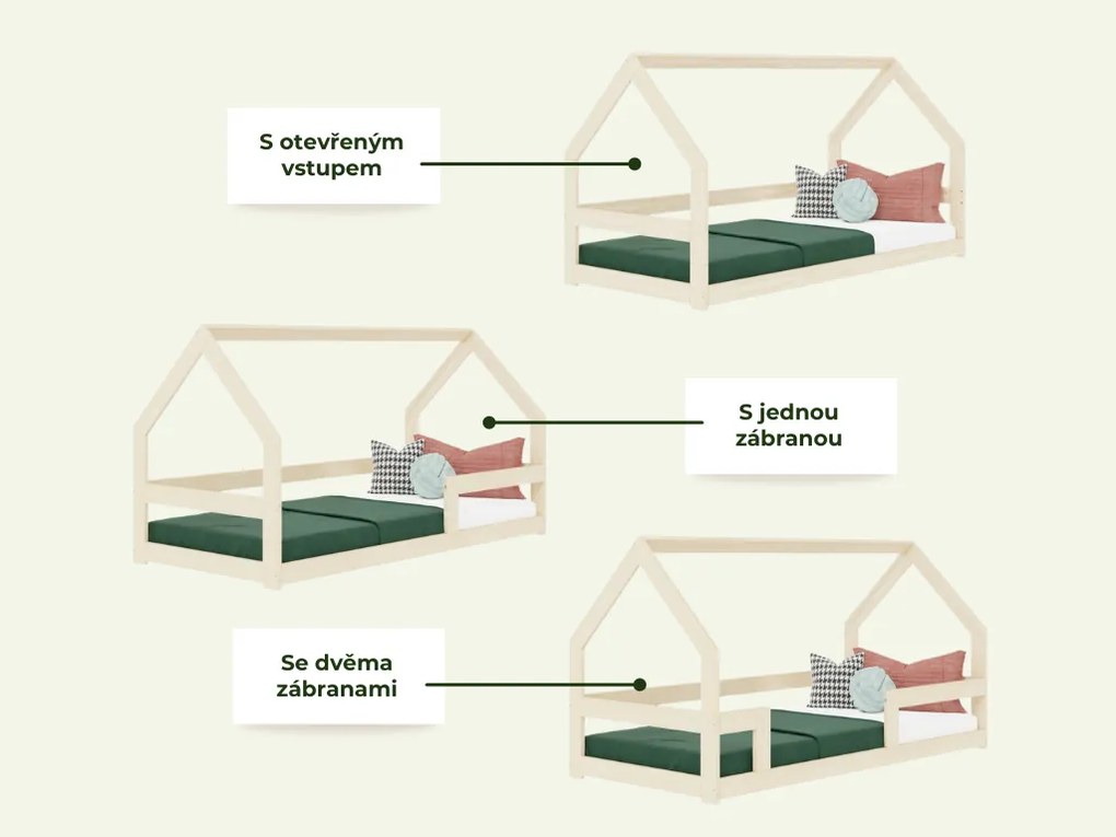 Benlemi Nízká postel domeček SAFE 8v1 ze dřeva se zábranou Zvolte barvu: Béžová, Zvolte rozměr: 90x180 cm, Zvolte zábranu: Se dvěma zábranami