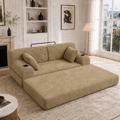 Aosom Dvojitá stlačená manšestrová pohovka, kovový rám, 2 držáky na nápoje a 4 boční kapsy, 168D x 80Š x 81V cm, khaki