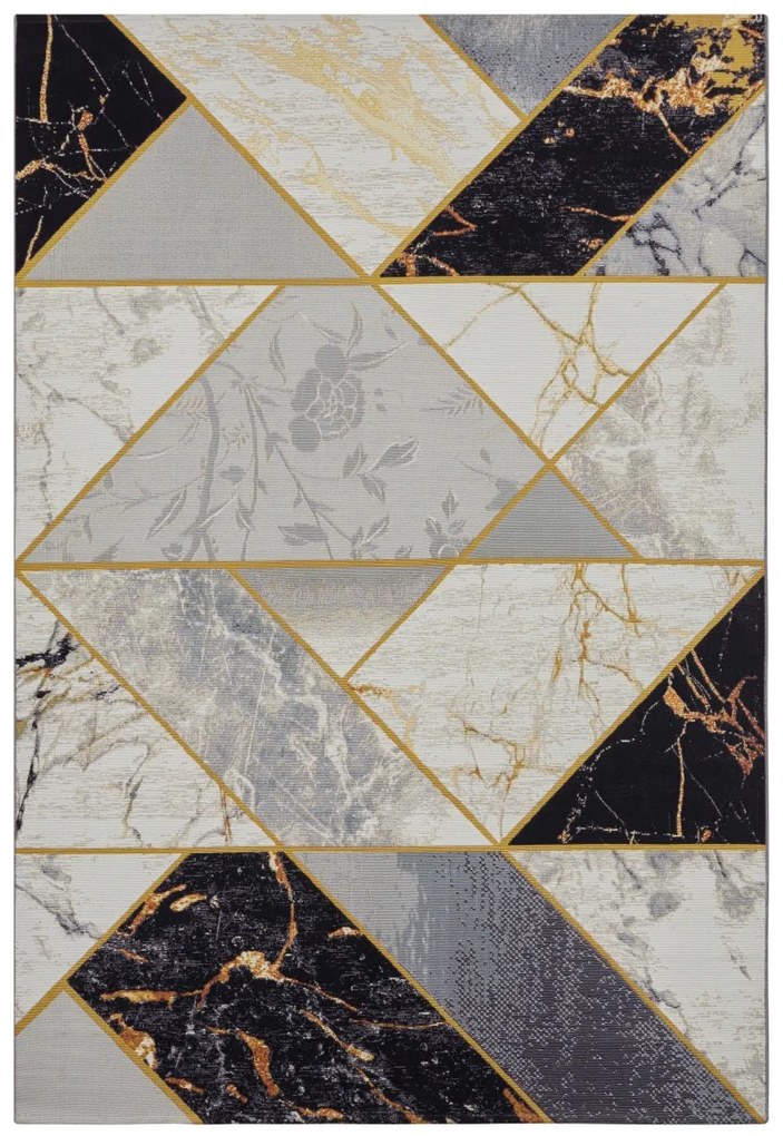 Hanse Home, Kusový koberec Flair 105610 Noble Black Grey Gold – na ven i na doma, 80x165, šedá, chodba / předsíň