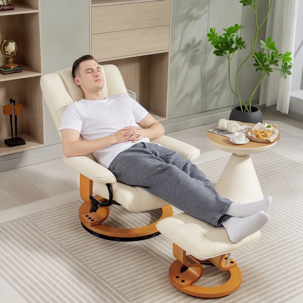 HOMCOM Relaxační křeslo s podnožkou, otočné a sklopné, potah z umělé kůže, do 150 kg, dřevěný rám, krémově bílá