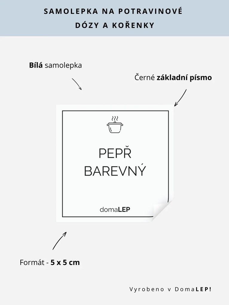 Samolepka na kořenky PEPŘ BAREVNÝ bílá 5 × 5 cm základní písmo