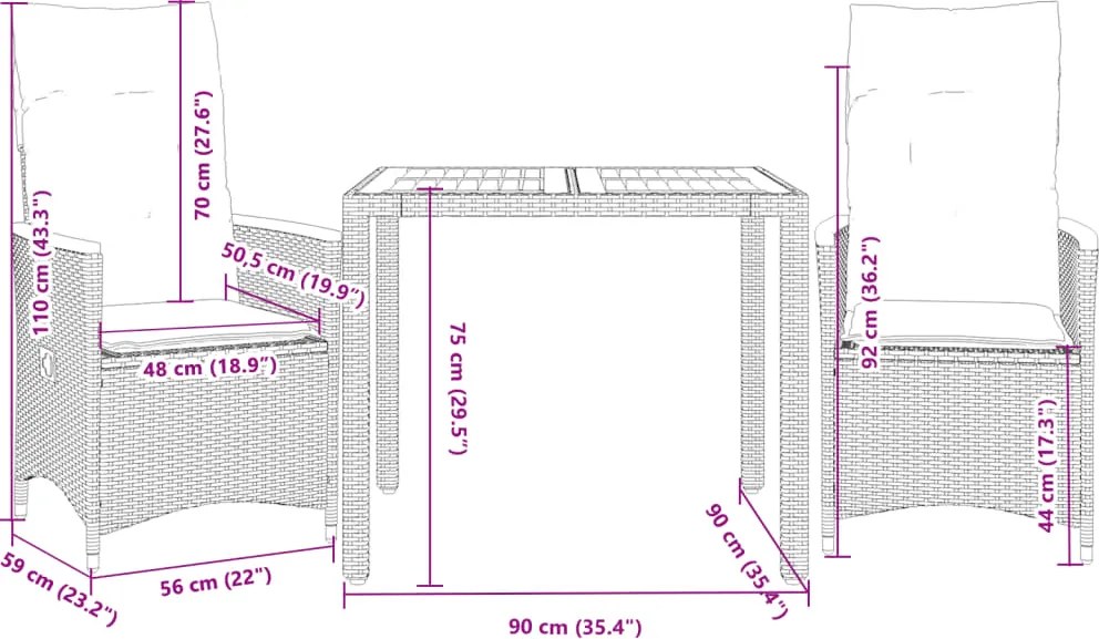 3dílný bistro set s poduškami černý polyratan 3276831