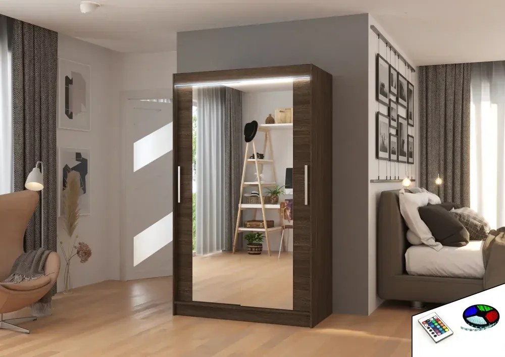 Posuvná skříň se zrcadlem a LED osvětlením TIBAGO 120 choco