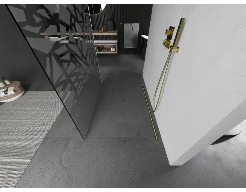 Mexen Kioto, sprchová zástěna Walk-In 140 x 200 cm, 8mm čiré sklo bílý vzor, zlatý matný profil, 800-140-002-55-85