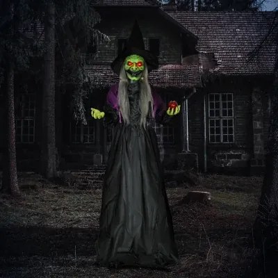 HOMCOM čarodějnice s otráveným jablkem, halloweenská dekorace, strašidelné zvuky, červené oči, pohyblivé paže, 180 cm