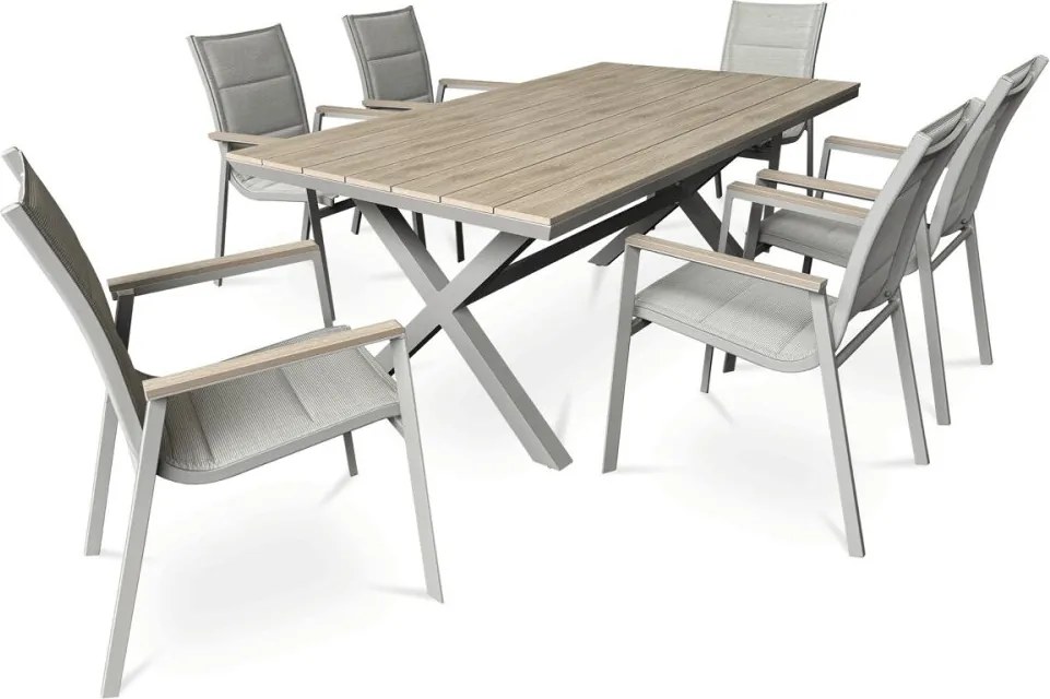 Stůl zahradní 180x100x75, deska polywood v dekoru světlého dubu, hliníková konstrukce, béžová barva