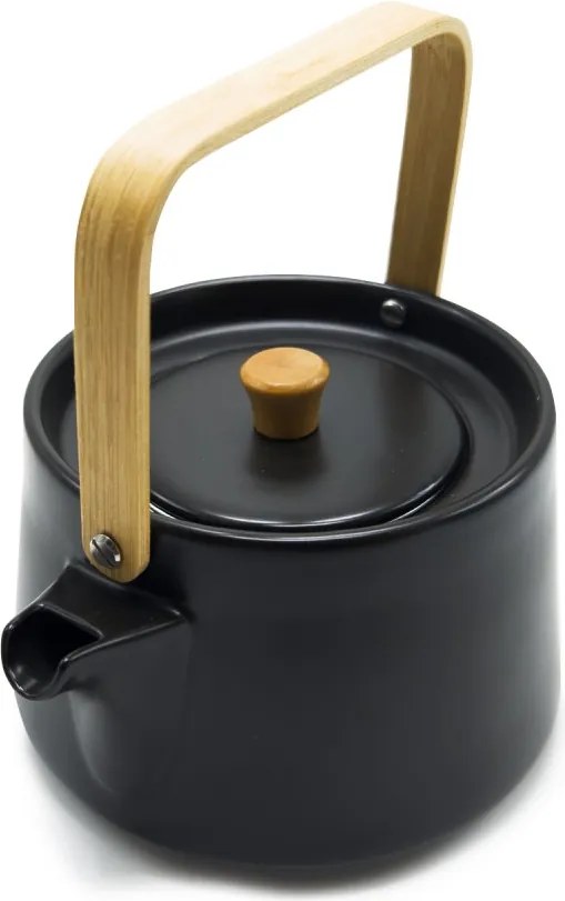 Porcelánová čajová souprava Strala, 0,9 l – matná černá, dřevěné detaily, 2 šálky