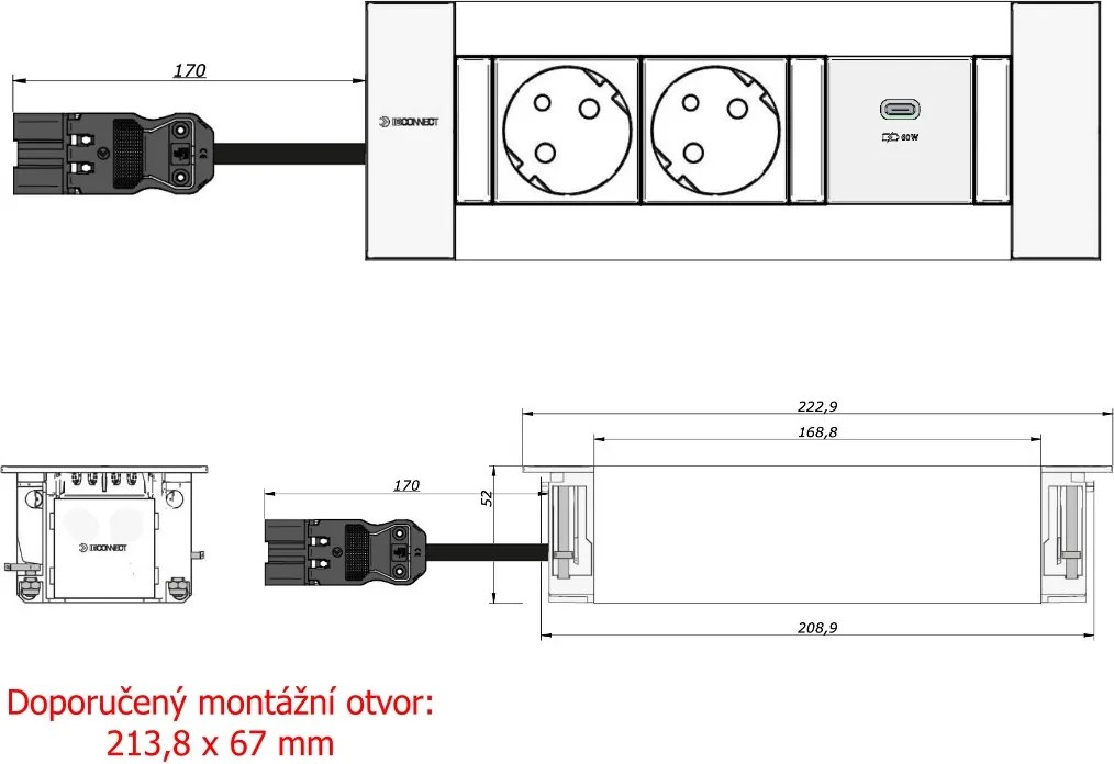 IBConnect Vestavná zásuvka INTRO černá - různé konfigurace Konfigurace elektrozásuvky: 3x230V + 2xModul