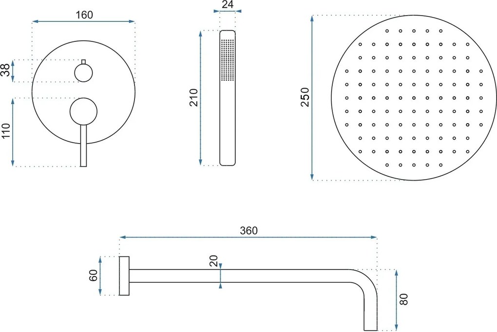 Rea Lungo, podomítkový sprchový set s dešťovou hlavovou a ruční sprchou, černá lesklá, REA-P4420