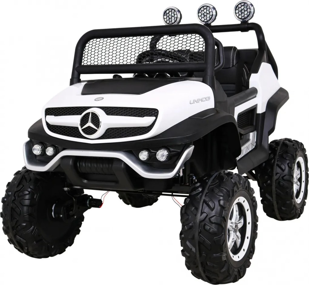 Ramiz Mercedes Benz Unimog elektrické autíčko pro děti bílé + pohon 4x4 + dálkové ovládání + nosič zavazadel + pomalý start + MP3 + LED