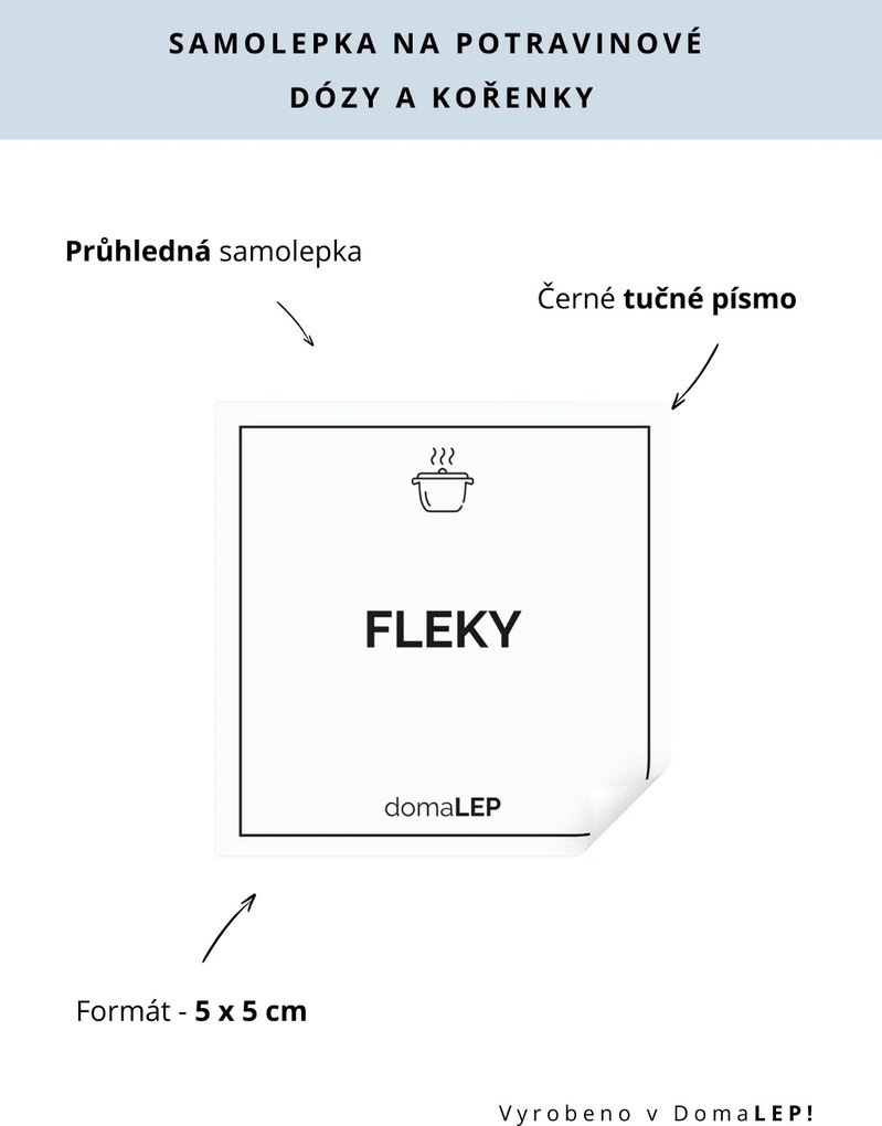 FLEKY  – průhledná samolepka na dózu, tučné písmo, 5 x 5 cm | DomaLEP