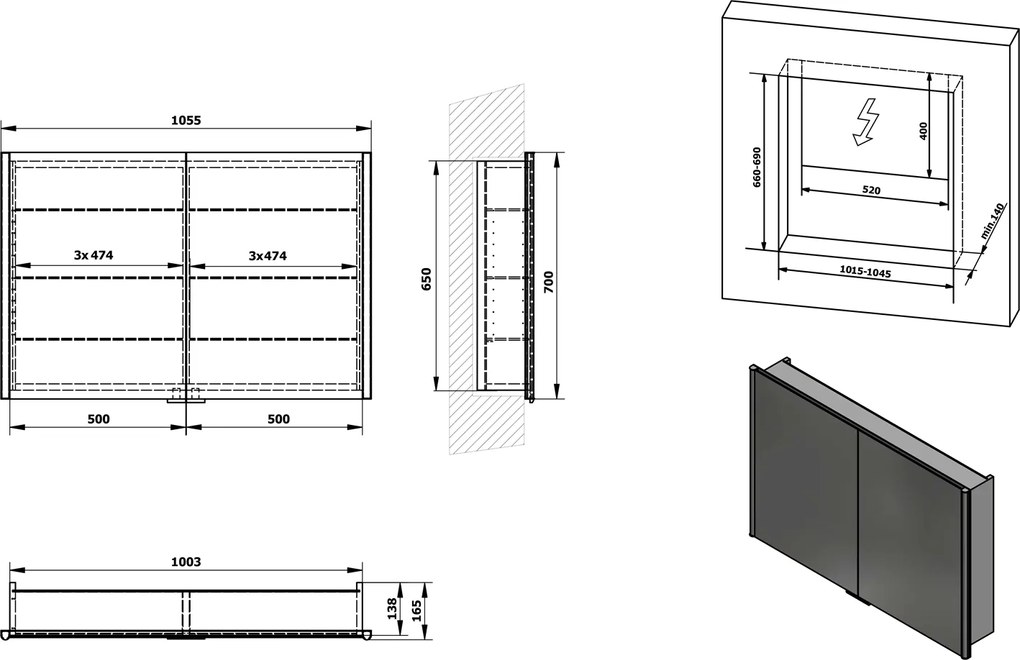 Sapho Sapho, INTEGRA zápustná galerka s LED osvětlením, 105x70cm, IN105