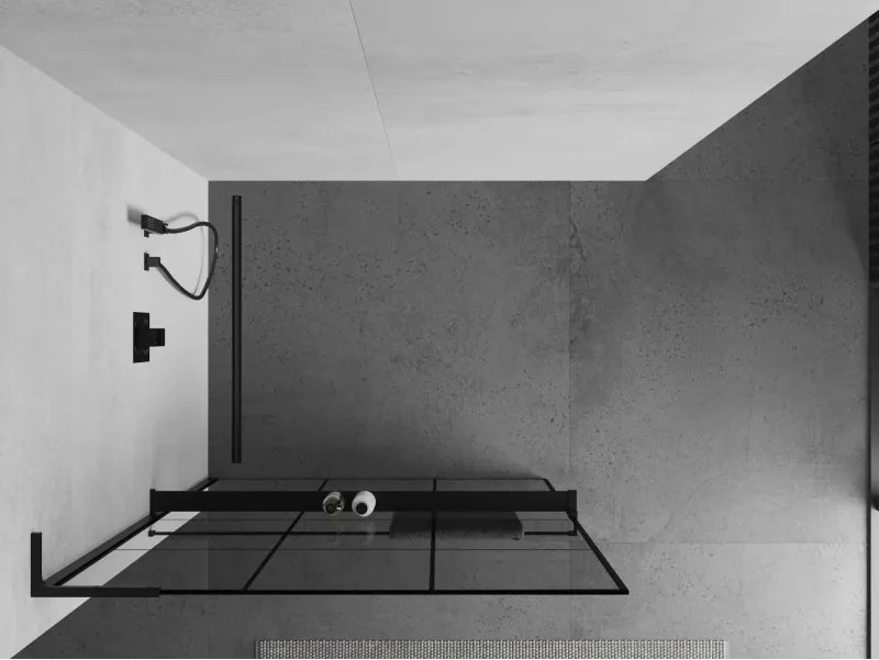 Mexen Kioto+ L, sprchová zástěna Walk-In s poličkou a věšákem 100 x 200 cm, 8mm čiré sklo černý vzor, černý profil, 800-100-123-70-77