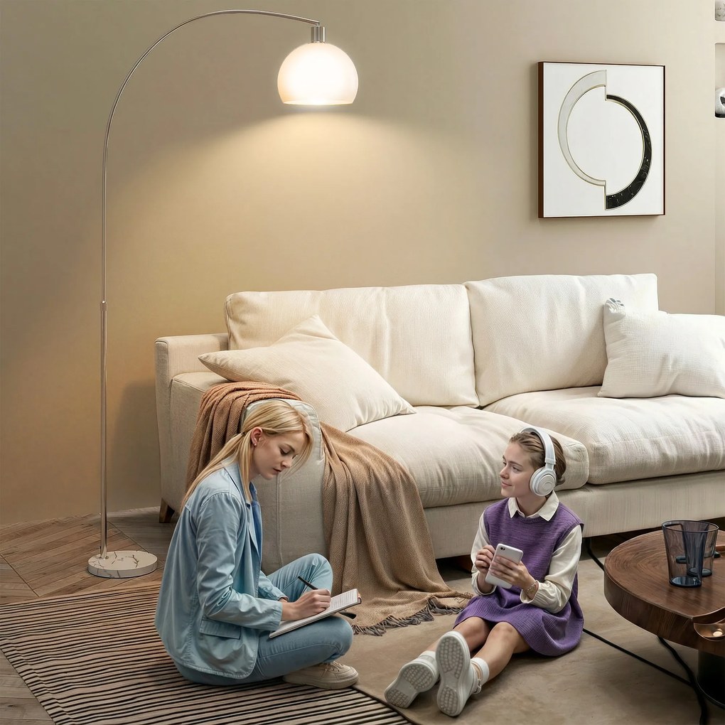HOMCOM Stojací lampa, ohnutá hlava, nožní spínač, mramorový podstavec, plastový stínidlo, bílá