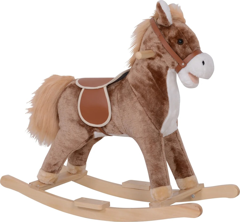 HOMCOM Houpací hřebec s cowboyským sedlem - Velké pohodlí, krátký měkký plyš, topolové dřevo, hnědý
