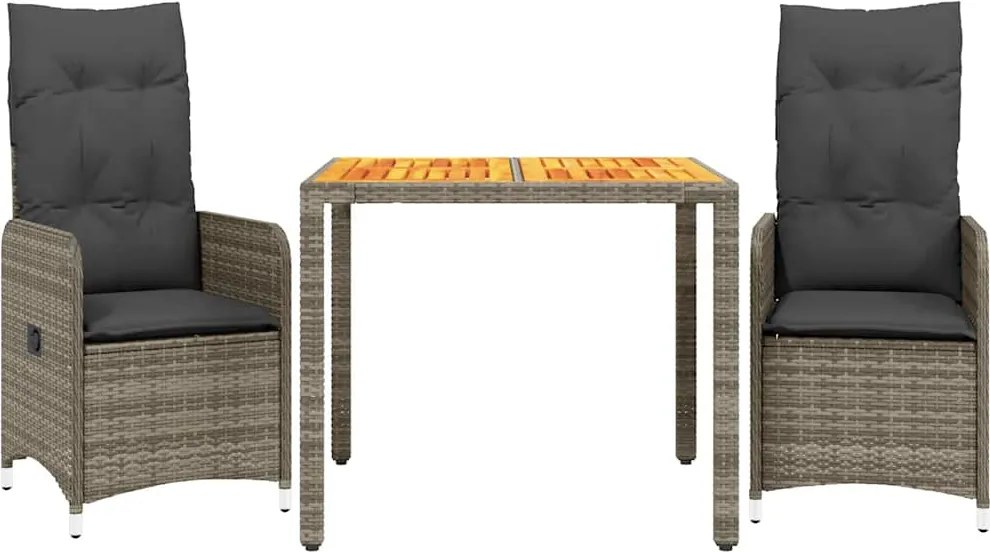 3dílný zahradní bistro set s poduškami šedý polyratan 3277019