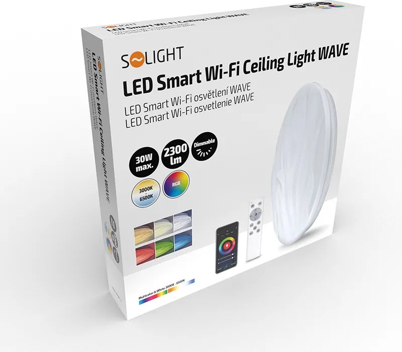 Solight LED smart stropní světlo Wave, 30W, 2300lm, wifi, RGB + CCT, dálkové ovládání