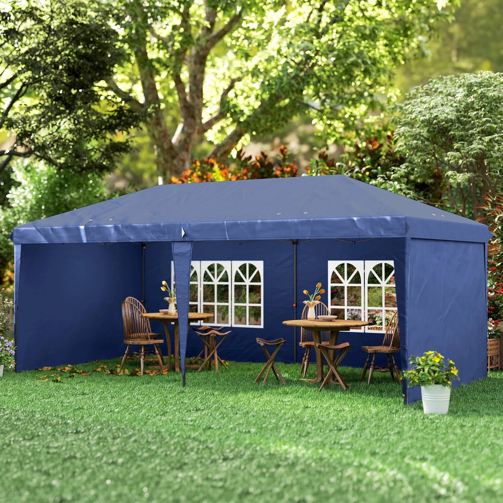 Outsunny skládací pavilon 6x3 m, pop-up s 4 odnímatelnými bočními stěnami, zahradní pavilon se 2 okny a přepravní taškou, modrý