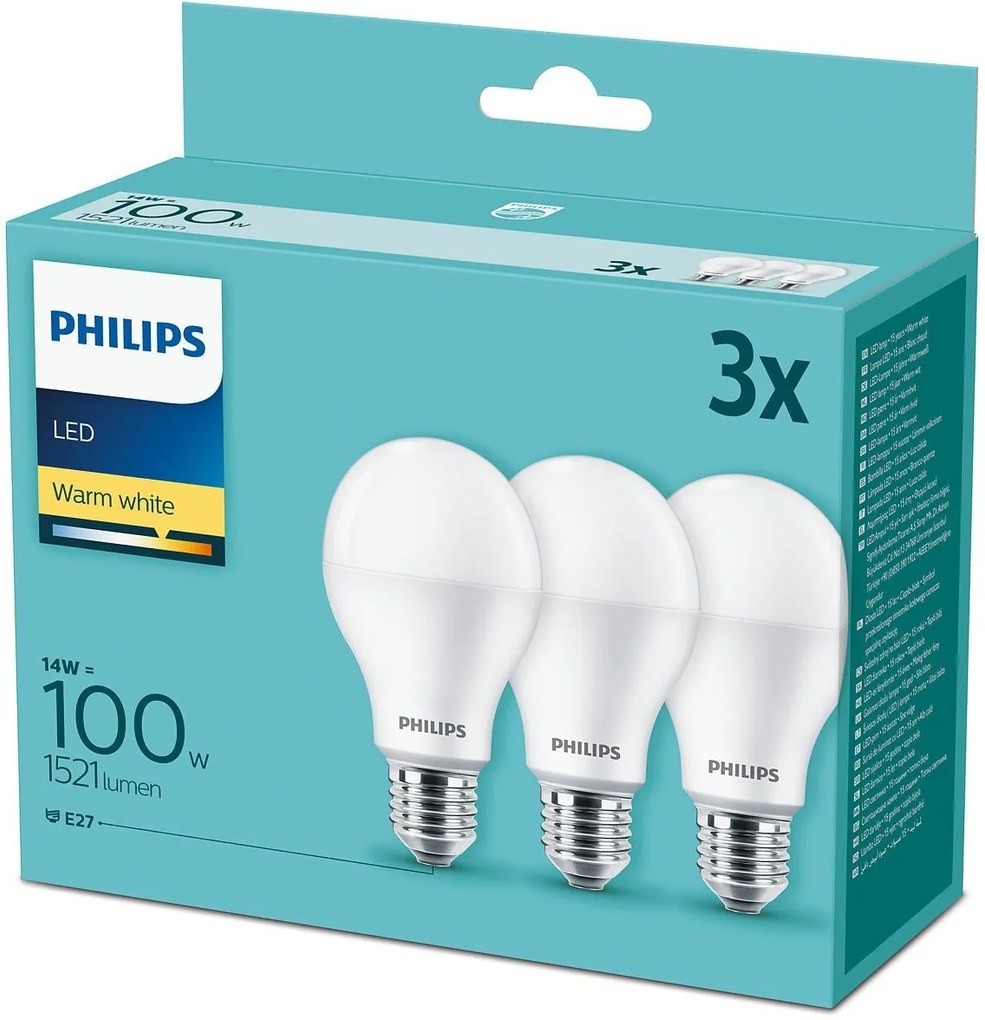 Philips 8718699694920 3x led žárovka 1x14w | e27 | 1521lm | 2700k - triple pack