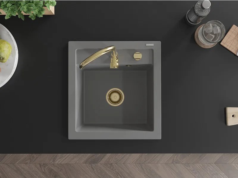 Mexen Vito, granitový dřez 520x490x210 mm, 1-komorový, šedá se zlatým sifonem, 6503521000-71-G