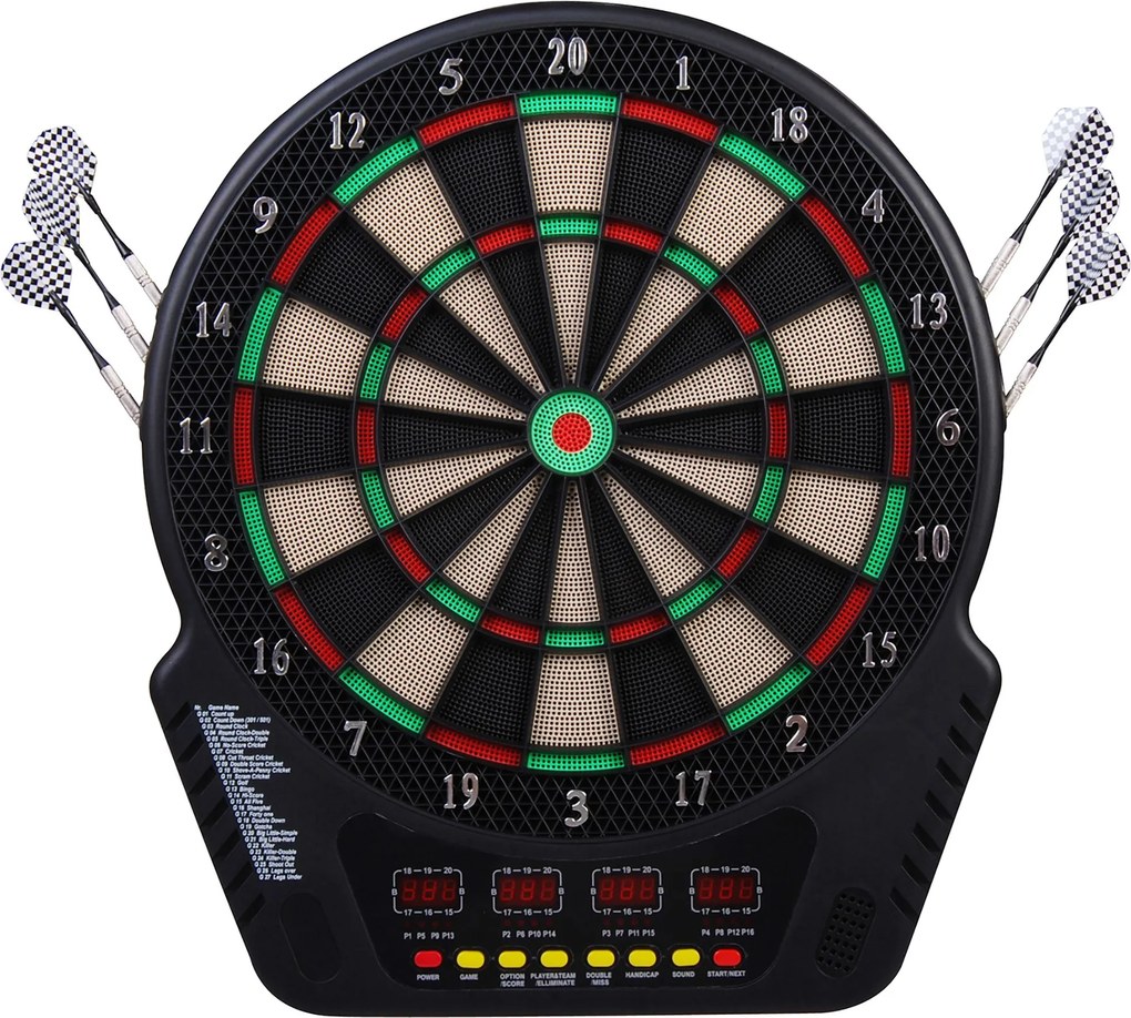 Elektronický šipkový terč HOMCOM s 6 šipkami a 24 šipkovými hlavicemi 27 her 243 možností zásahů 44 x 51,5 x 3,2 cm pro zábavu i soutěže