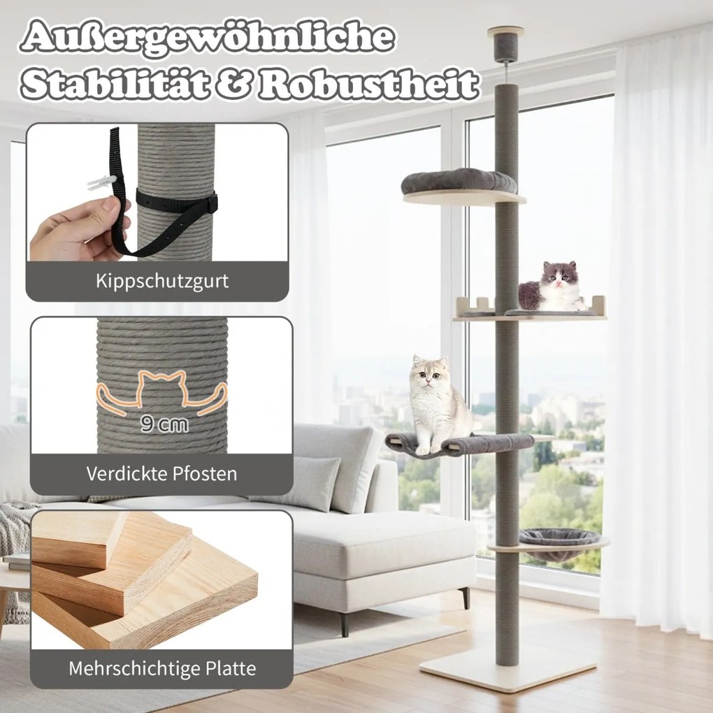 Costway 236-271 cm vysoké stropní škrabadlo s houpací sítí a košem a postelí