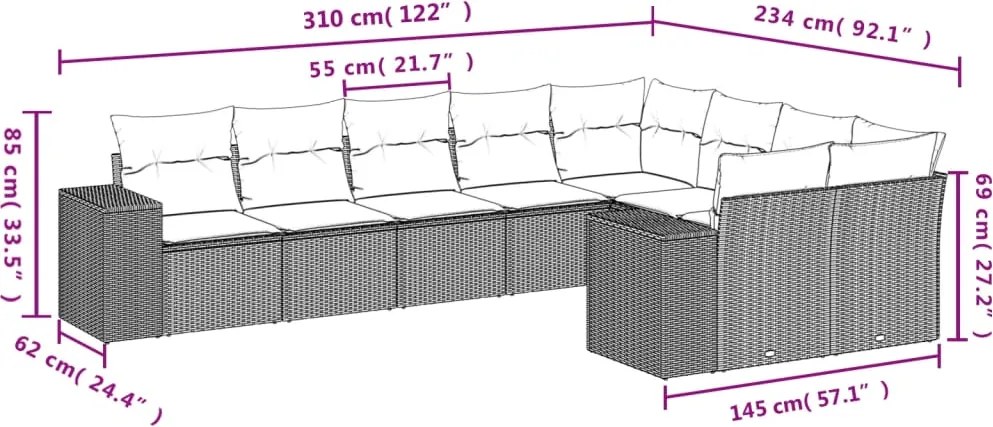9dílná zahradní sedací souprava s polštáři hnědá polyratan 3223043