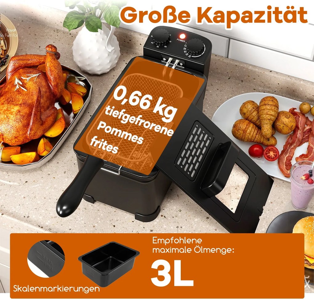 Costway Fritéza 2000 W Fritéza s kapacitou oleje 3 L Fritéza tuku