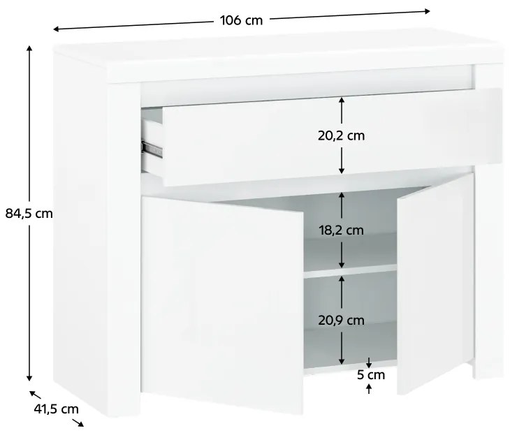 Kondela Komoda 2D1S, bílý lesk, LINDY