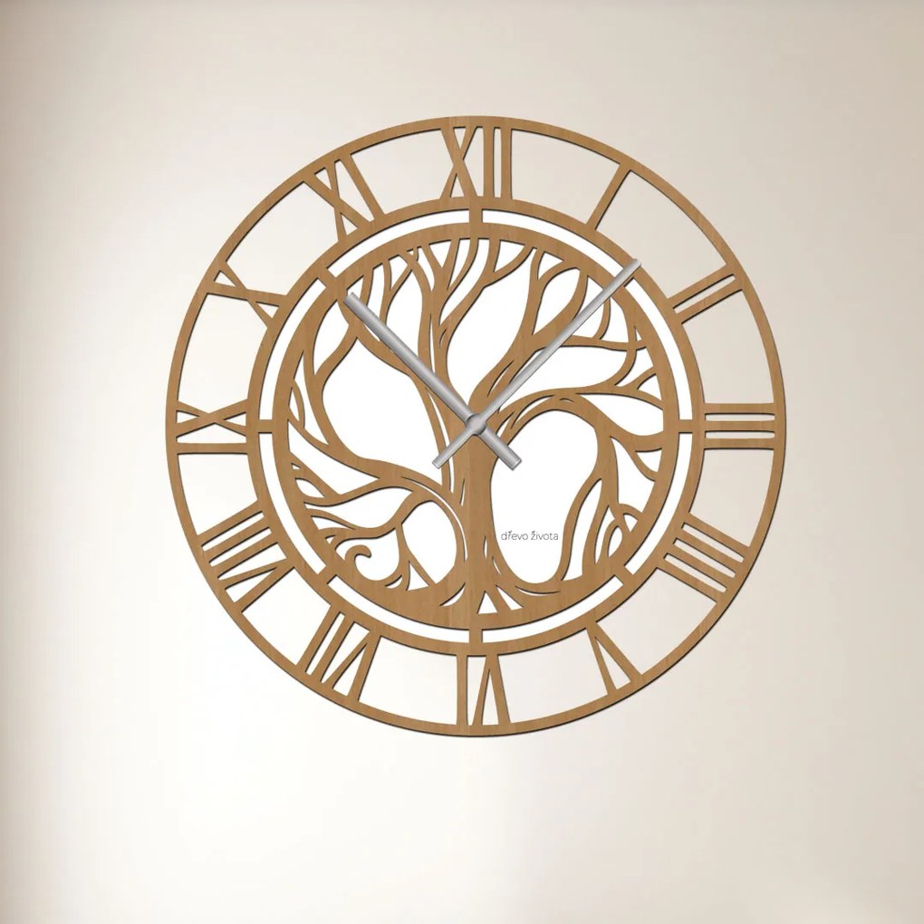 dřevo života Nástěnné hodiny STROM ČASU Zvolte barvu dekoru: Buk-Wenge, Zvolte velikost hodin (cm): 50x50, Barva ručiček: Černé