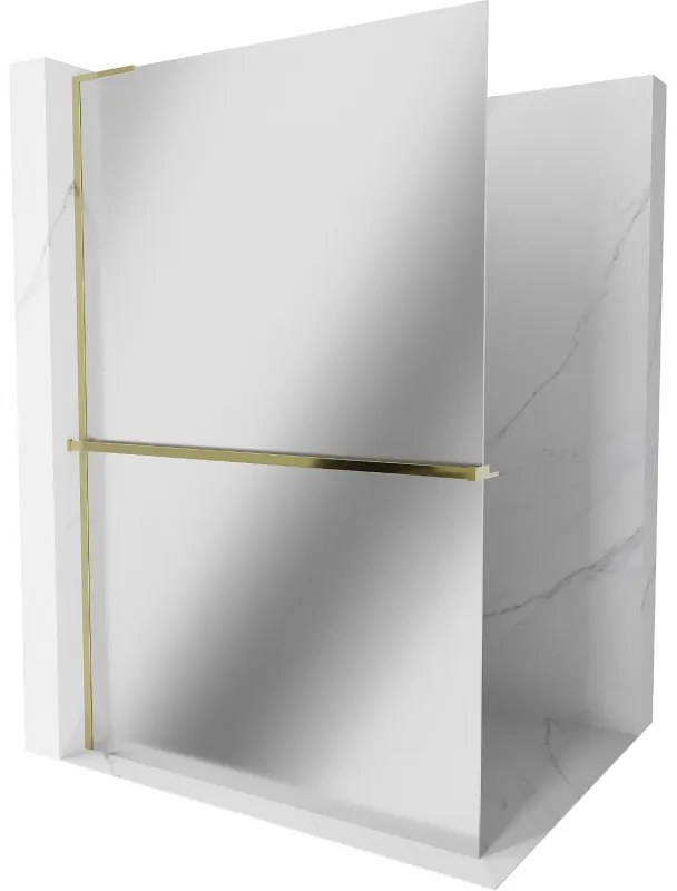 Mexen Kioto+ L, sprchová zástěna Walk-In s poličkou a věšákem 90 x 200 cm, 8mm sklo vzor zrcadlo, zlatý lesklý profil, 800-090-123-50-50