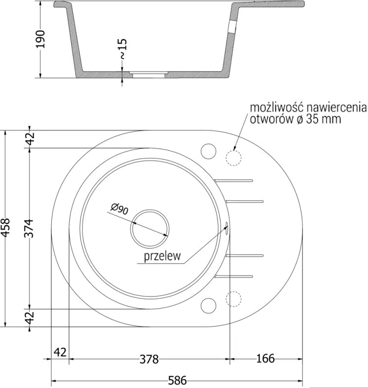 Mexen Kevin, granitový dřez 586x458x190 mm, 1-komorový, černá-zlatá metalíza s černým sifonem, 6517581005-75-B