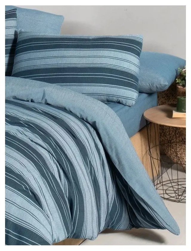 Modré 4dílné prodloužené povlečení na dvoulůžko s prostěradlem 200x220 cm Stripes – Mila Home