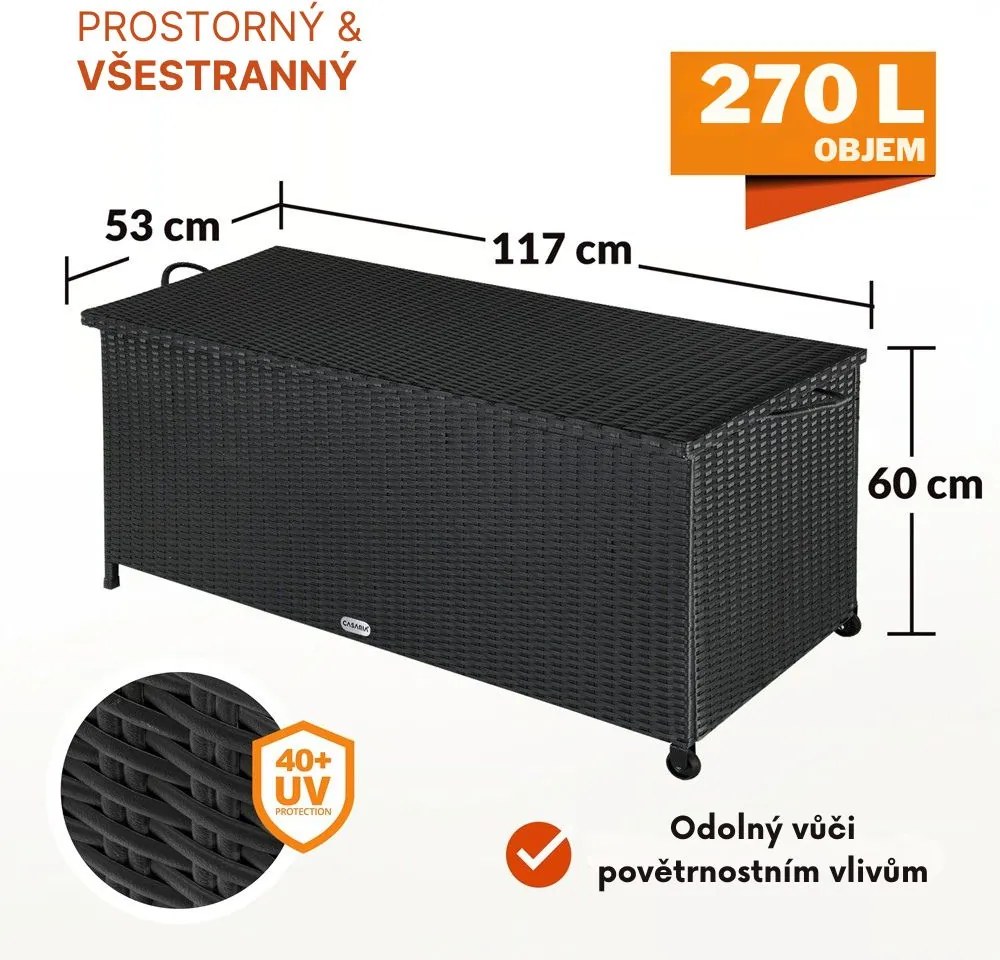 Polyratanový úložný box RICCO, 117 x 53 x 60cm, černá Casaria