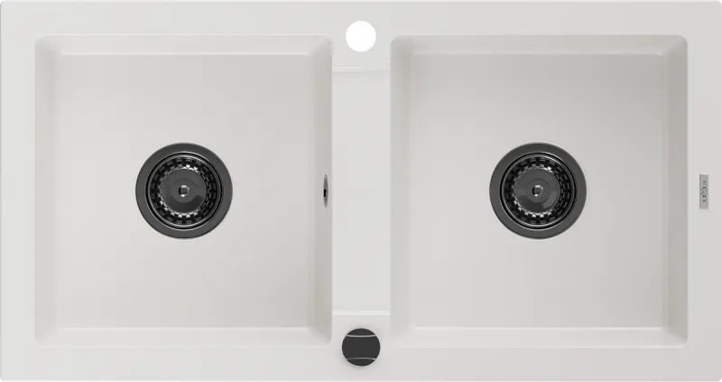 Mexen Mario, granitový dřez 820x436x161 mm, 2-komorový, bílá s černým sifonem, 6504822000-20-B