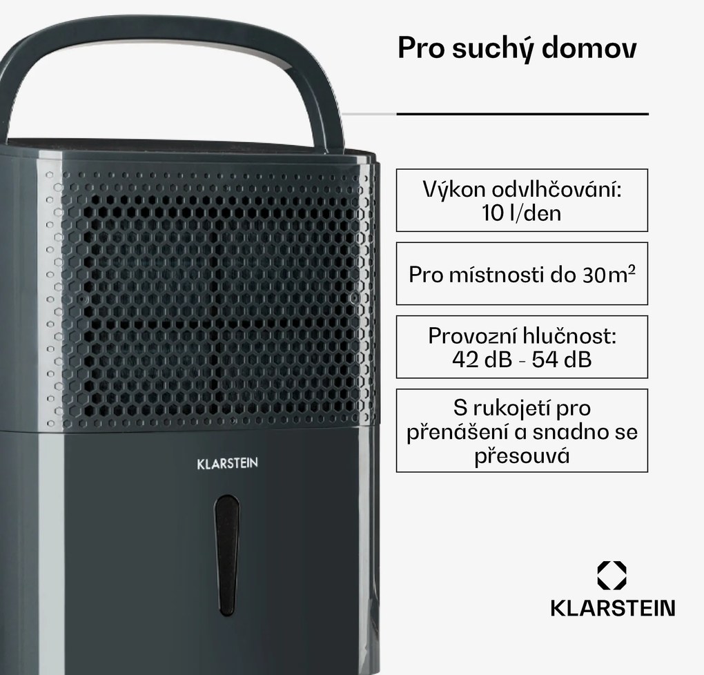 Klarstein DryFy 10, odvlhčovač vzduchu, 240 W, 10 l/24h, 100 m³/h, 20 - 30 m², DrySelect, 40dB, šedý