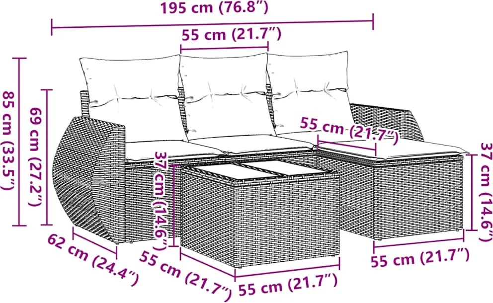 5dílná zahradní sedací souprava s poduškami černá polyratan 3253613
