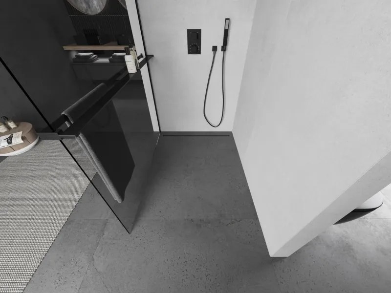 Mexen Kioto+ L, sprchová zástěna Walk-In s poličkou a věšákem 105 x 200 cm, 8mm čiré sklo, černý profil, 800-105-123-70-00