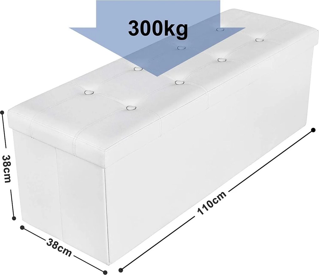 Puf 38 x 110 x 38 cm, skládací úložný otoman z umělé kůže, bílý