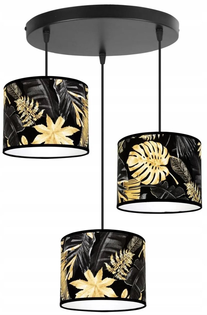Závěsné svítidlo Gold Flowers, 3x černé textilní stínítko s květinovým vzorem,