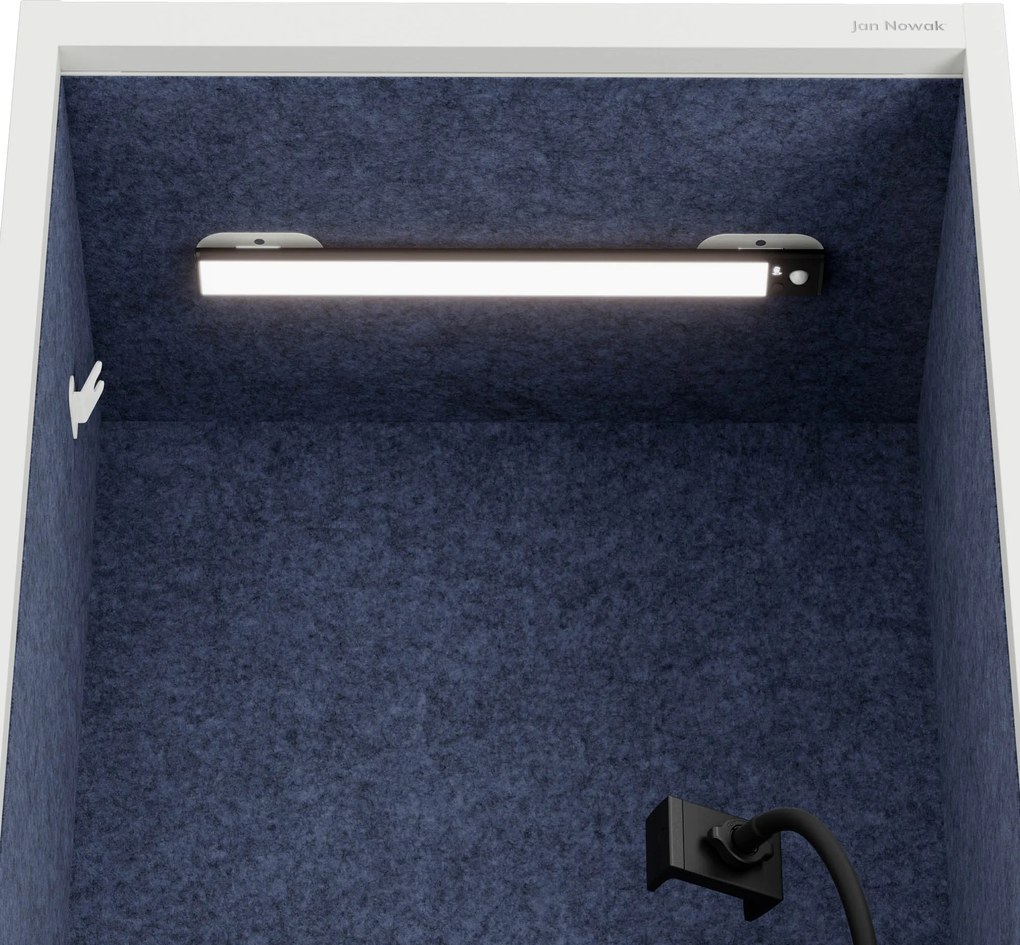 Kancelářská akustická kabina se sedátkem a USB-C portem, korpus bílý / sedák námořnická modrá, 600 mm: SALLY MentalBox