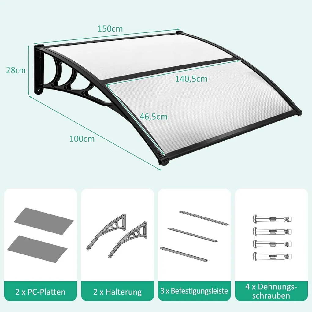 Costway Stříška na přední dveře Stříška z hliníku a polykarbonátu 150 x 100 x 28