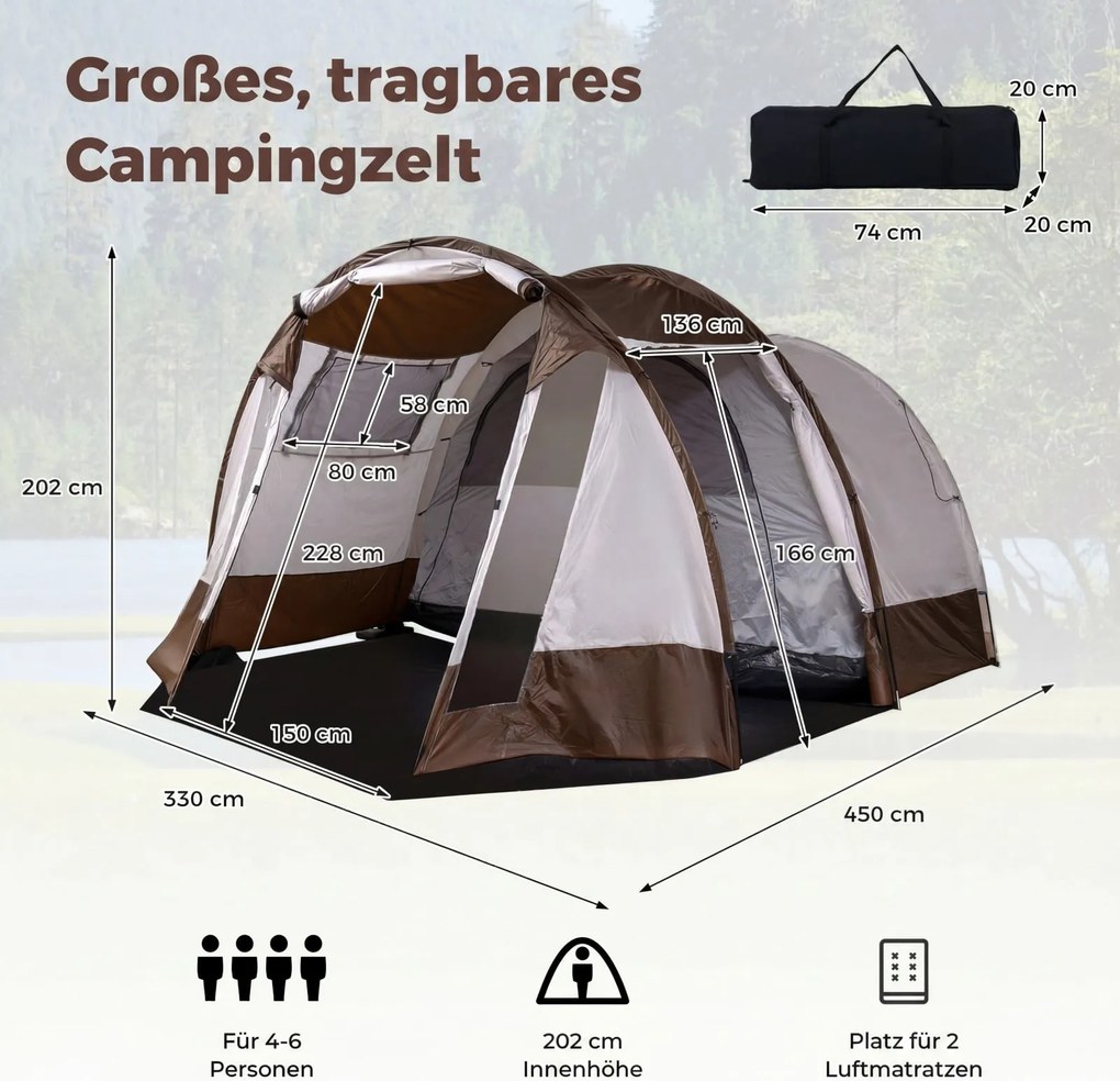 Costway Tunelový stan pro 4-6 osoby Vodotěsný s velkou předsíní a ventilačními