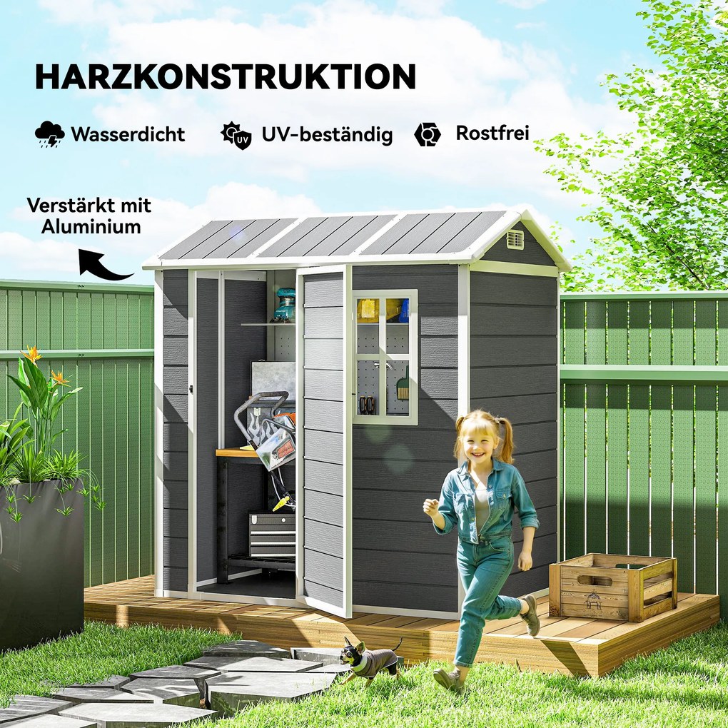 Outsunny Plastový Kůlna na Nástroje 2,1m² 186 x 130 x 199cm Zahradní Kůlna s Šikmou Střechou, Podlahou, Okénkem, Zámkem a Odolností proti Počasí pro …
