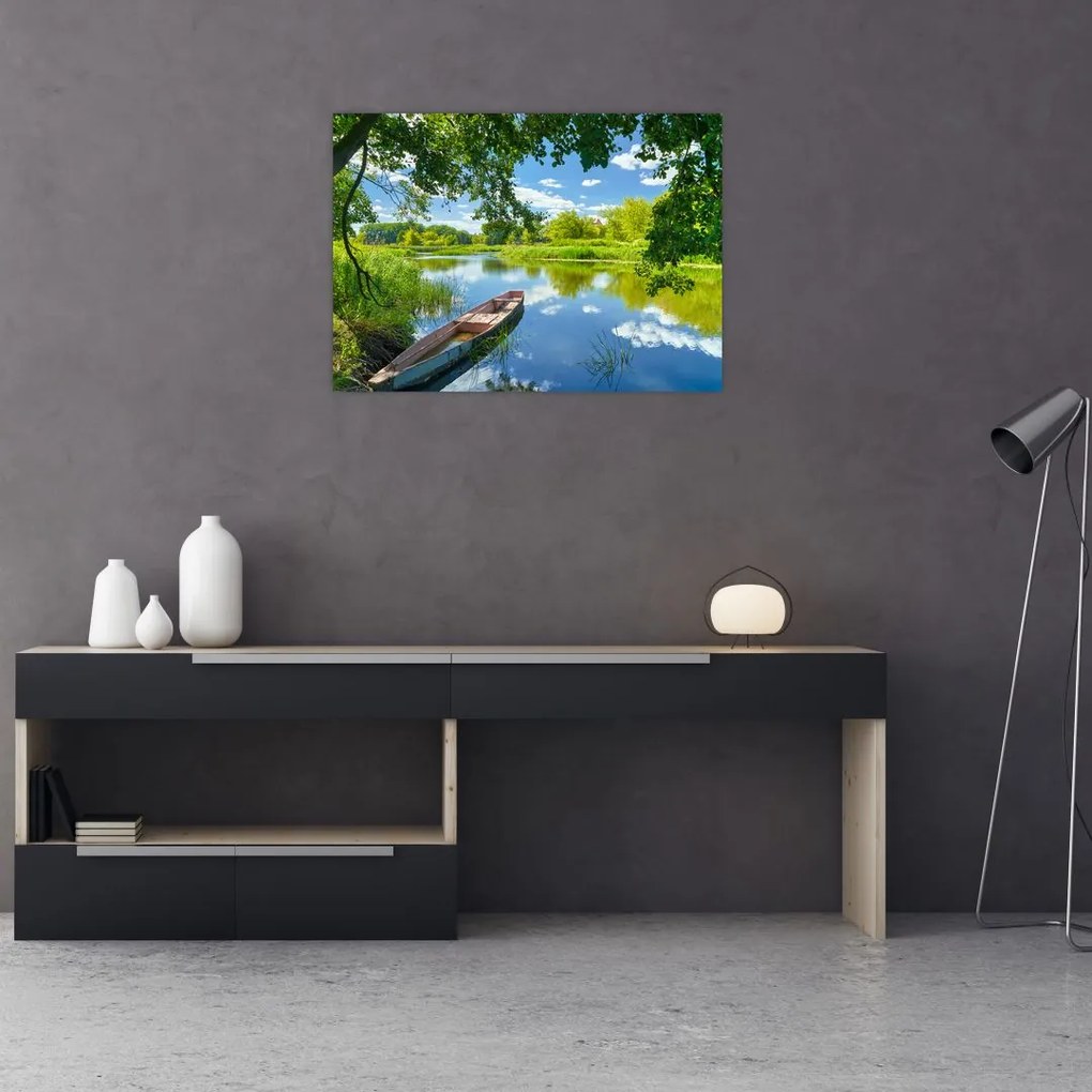 Skleněný obraz letní řeky s loďkou (70x50 cm)