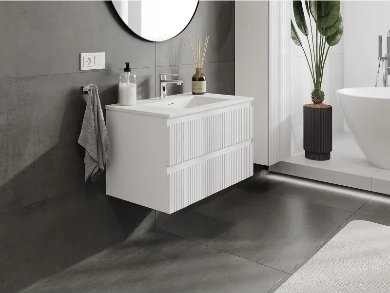 Mexen Rivel, koupelnová skříňka 80 cm s umyvadlem Otis, 2 zásuvky, drážkovaná, bílá matná, 91A20-08047-2-BFF01-W18M01